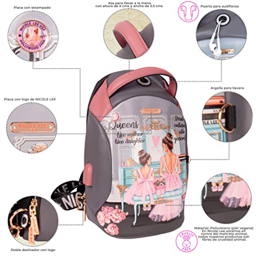 Nicole Lee Sling Backpack with USB Charging and Earphone Ports, Top Handle Travel School Crossbody Bag, Adjustable Strap (Double Queens)