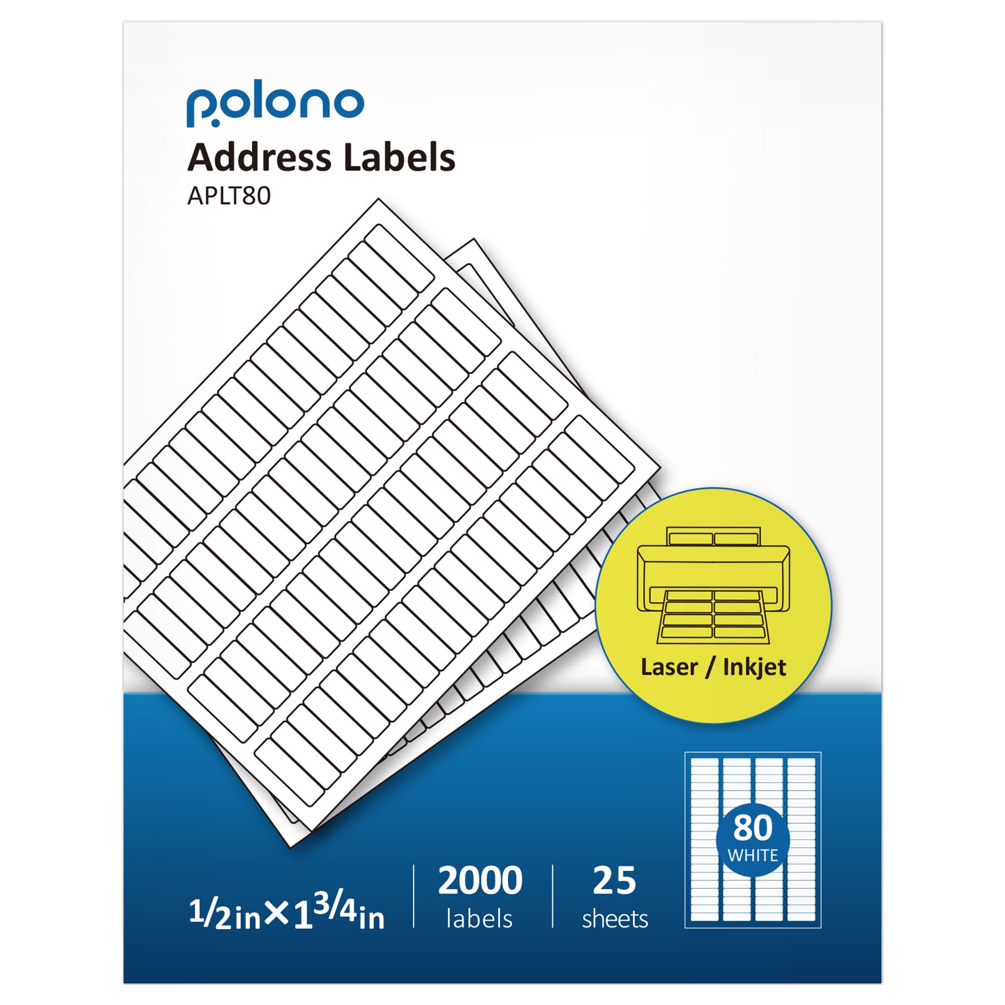 1/2" x 1-3/4" Return Address Labels, POLONO Easy Peel Return Address Labels for Inkjet & Laser Printers, 80 Label/Sheet, 25 Sheets