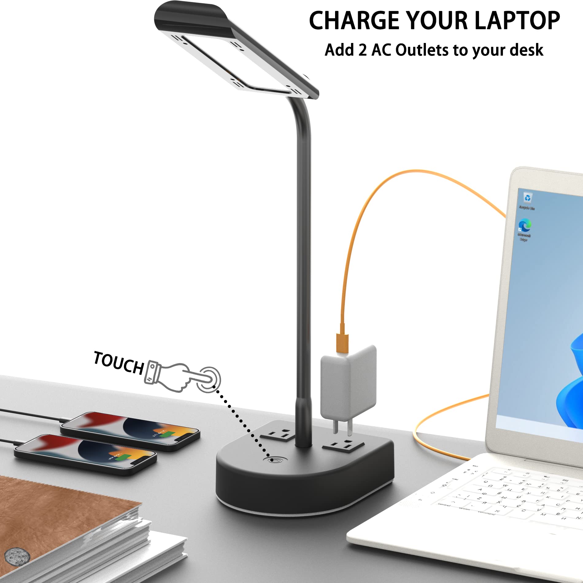 JICISSX Adjustable Gooseneck LED Desk Lamp with 2 USB Charging Ports and Touch Control,Architect Lamp for Home/Office/Workbench/Reading Working Black