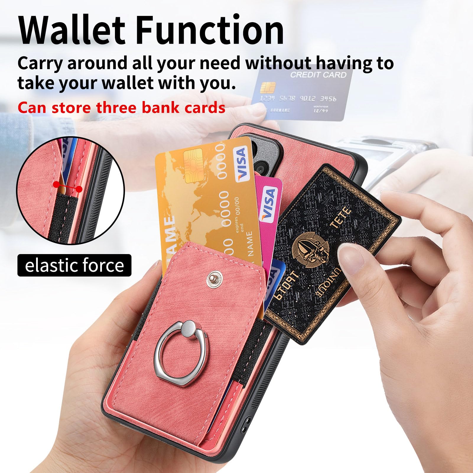 Monwutong Slim fit Wallet Phone Case for Redmi Note 12S, Portable Ring Design PU Leather Case, Safety Button and Cards Slot Cover for Redmi Note 12S,DK Pink