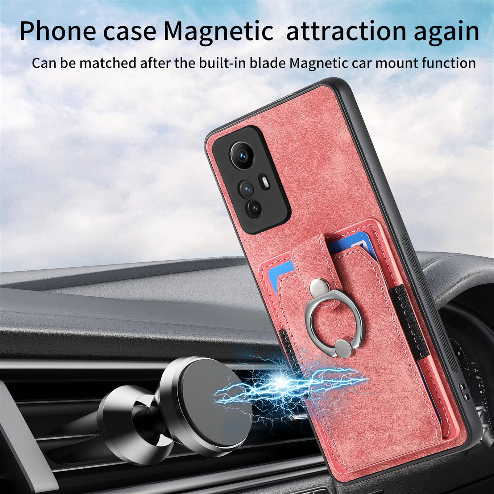 Monwutong Slim fit Wallet Phone Case for Redmi Note 12S, Portable Ring Design PU Leather Case, Safety Button and Cards Slot Cover for Redmi Note 12S,DK Pink
