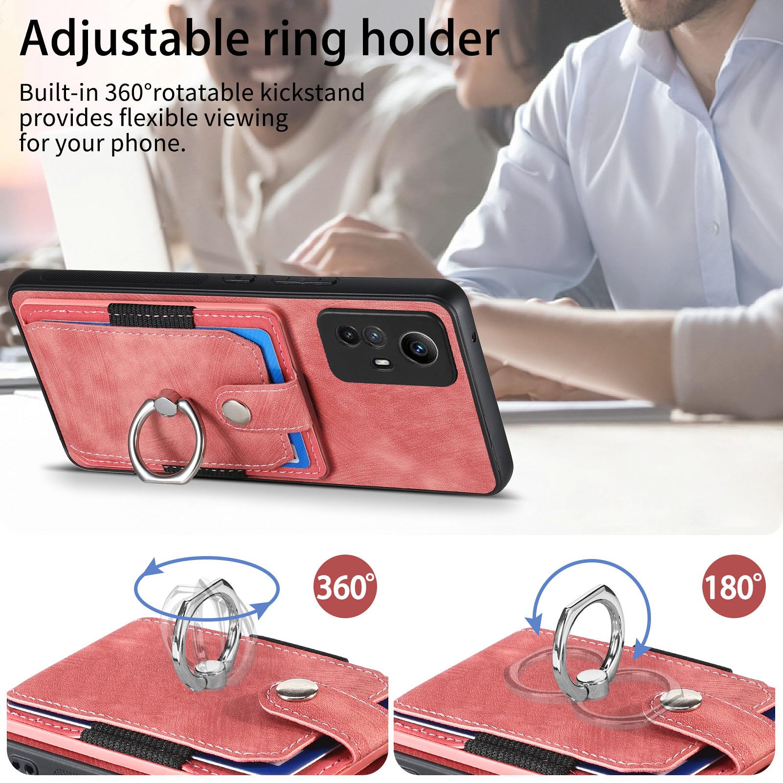 Monwutong Slim fit Wallet Phone Case for Redmi Note 12S, Portable Ring Design PU Leather Case, Safety Button and Cards Slot Cover for Redmi Note 12S,DK Pink