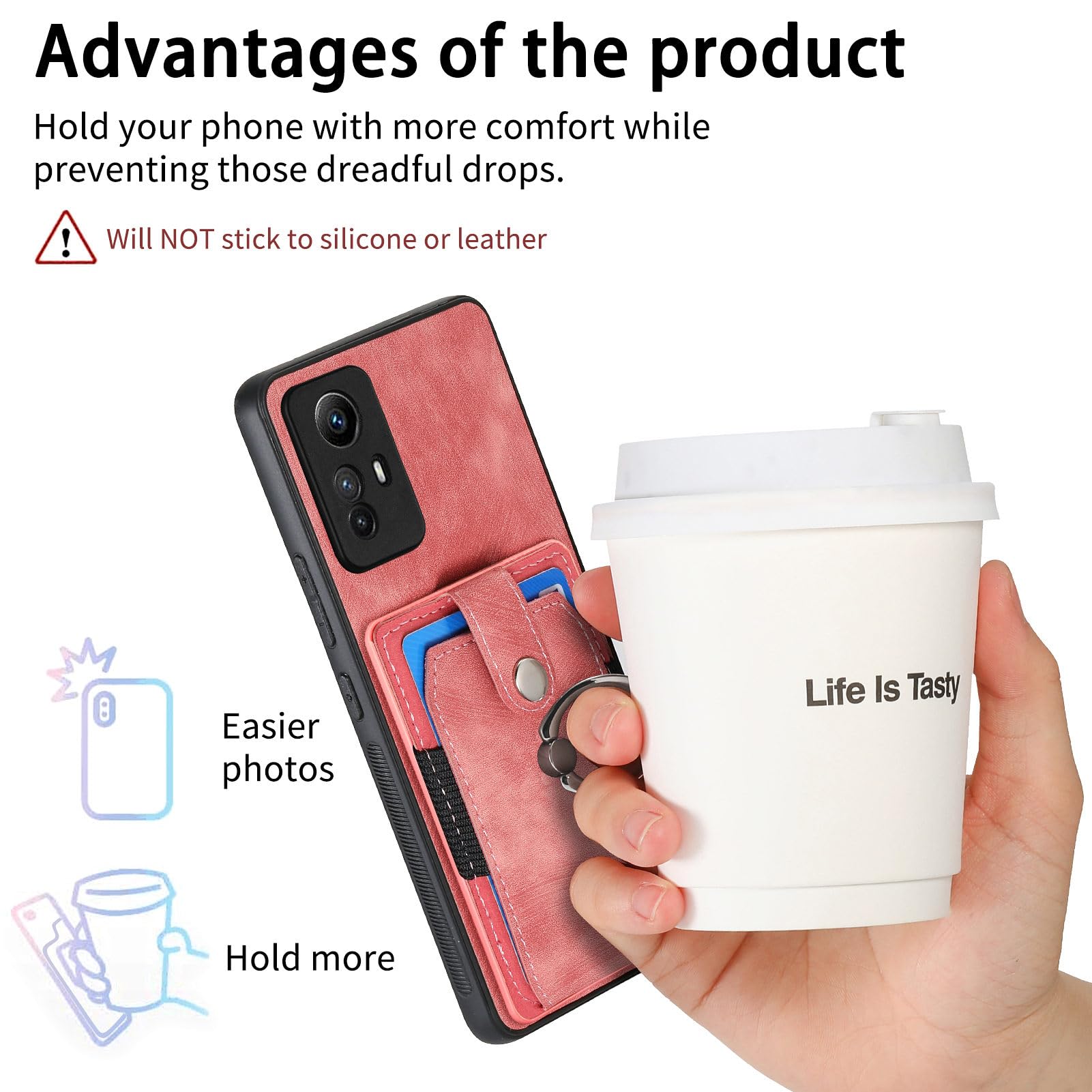 Monwutong Slim fit Wallet Phone Case for Redmi Note 12S, Portable Ring Design PU Leather Case, Safety Button and Cards Slot Cover for Redmi Note 12S,DK Pink