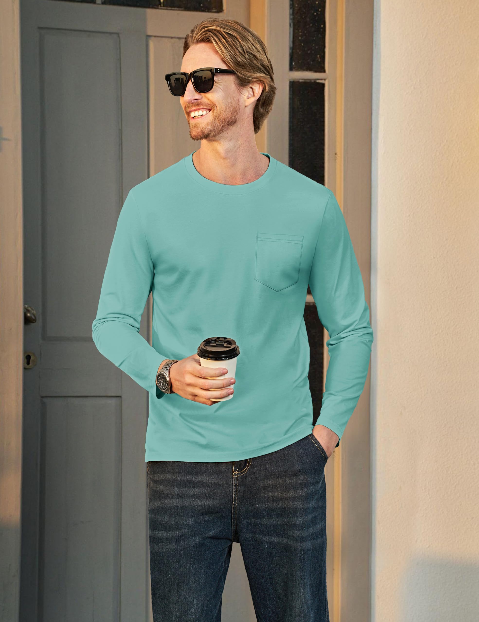 MAGCOMSEN Mens Long Sleeve Pocket T Shirt Breathable Cotton Shirt Lightweight Crew Neck Tee Shirt Grey Green,L