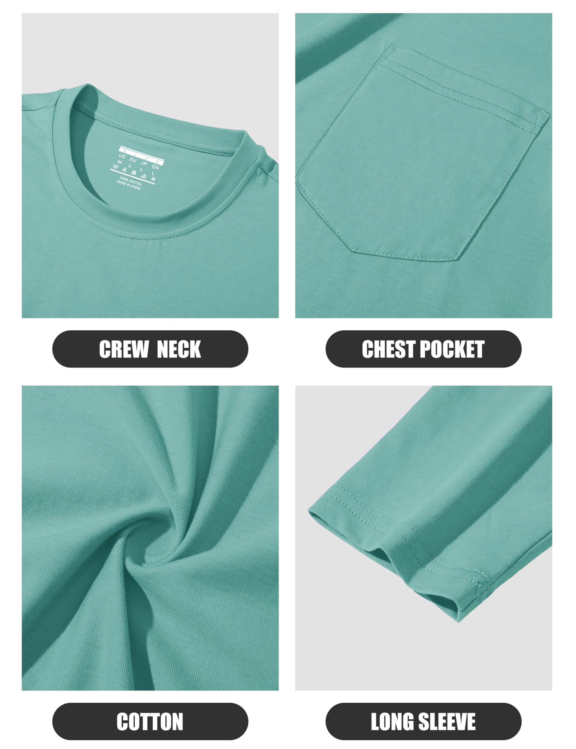 MAGCOMSEN Mens Long Sleeve Pocket T Shirt Breathable Cotton Shirt Lightweight Crew Neck Tee Shirt Grey Green,L
