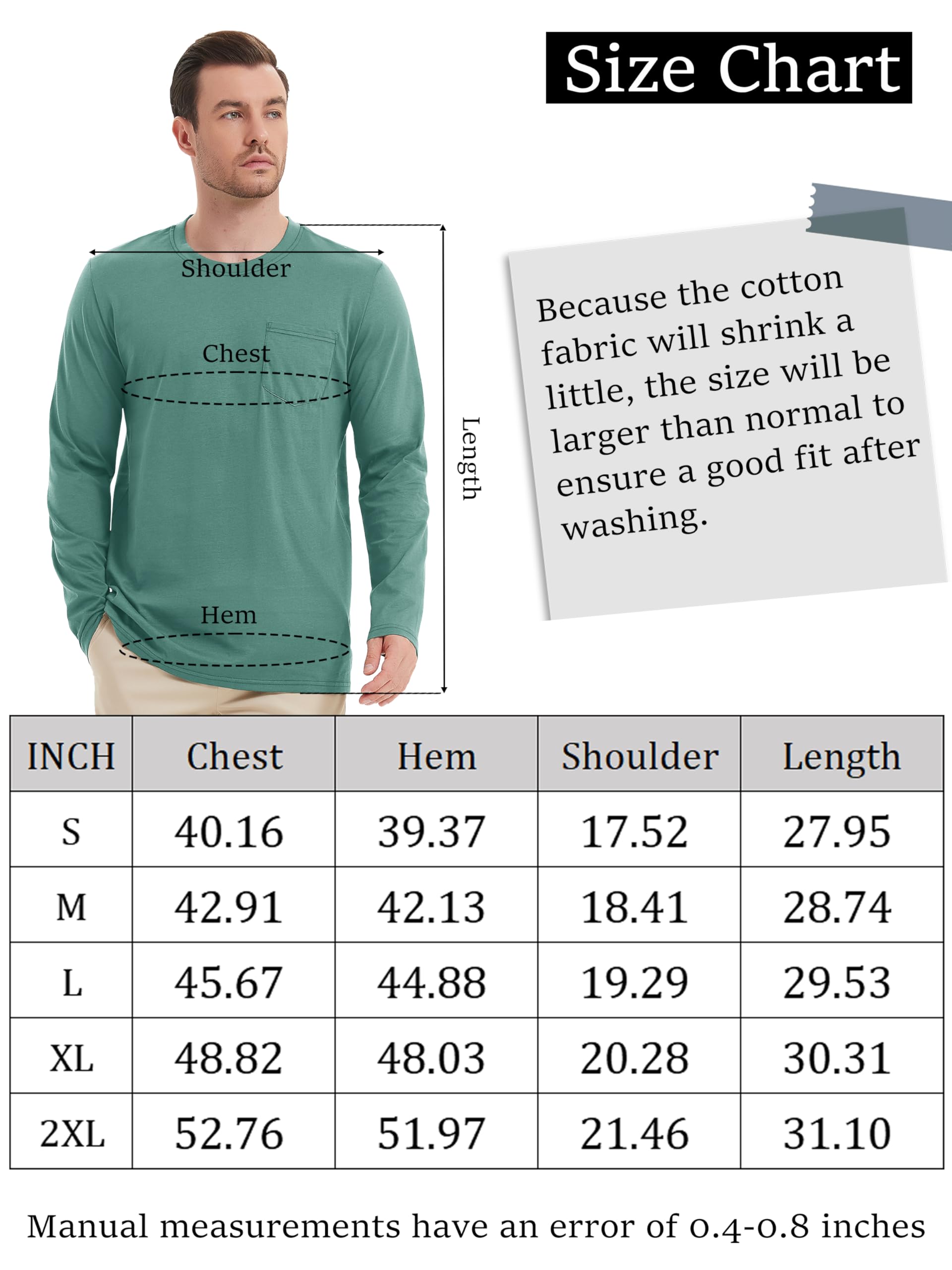 MAGCOMSEN Mens Long Sleeve Pocket T Shirt Breathable Cotton Shirt Lightweight Crew Neck Tee Shirt Grey Green,L