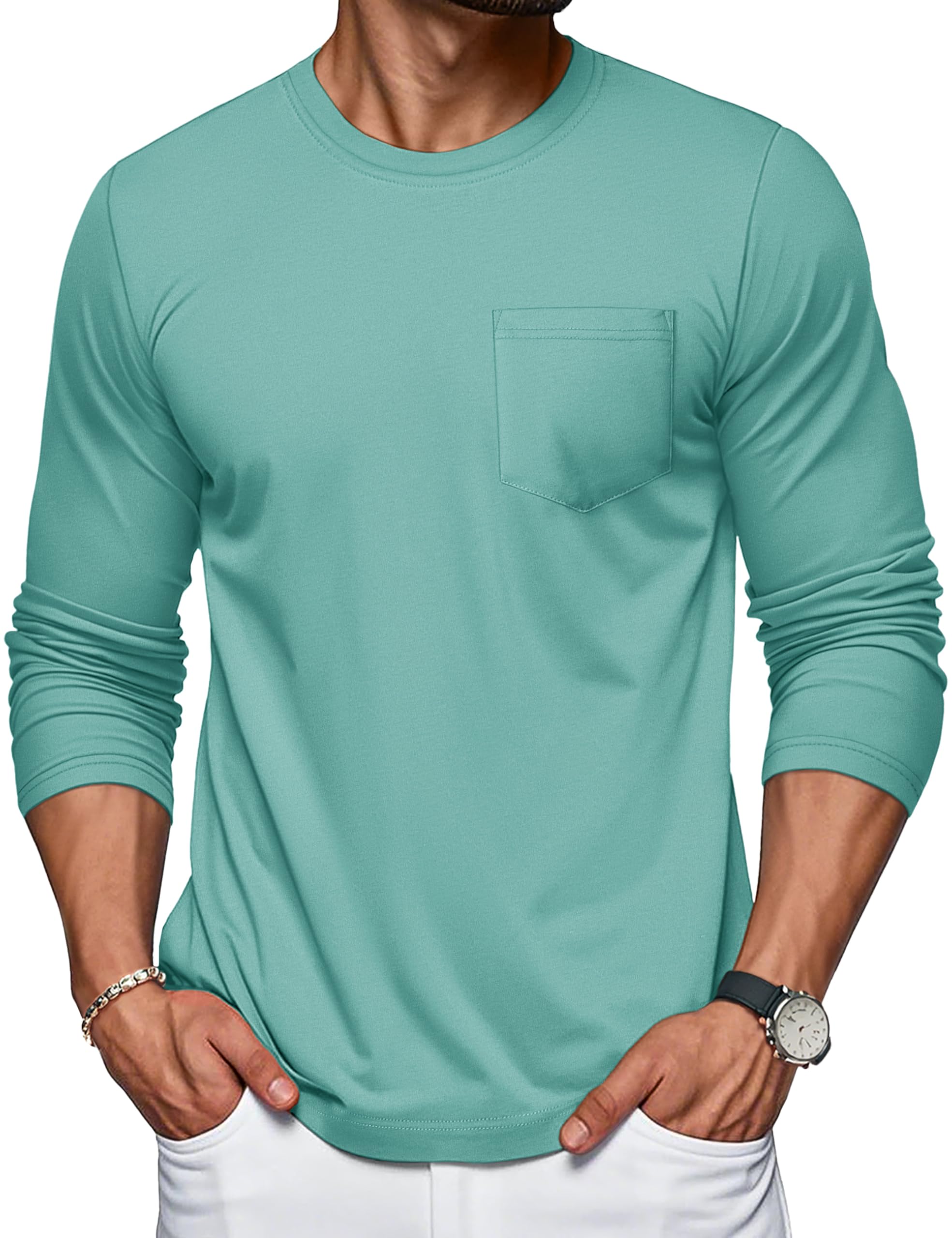 MAGCOMSEN Mens Long Sleeve Pocket T Shirt Breathable Cotton Shirt Lightweight Crew Neck Tee Shirt Grey Green,L