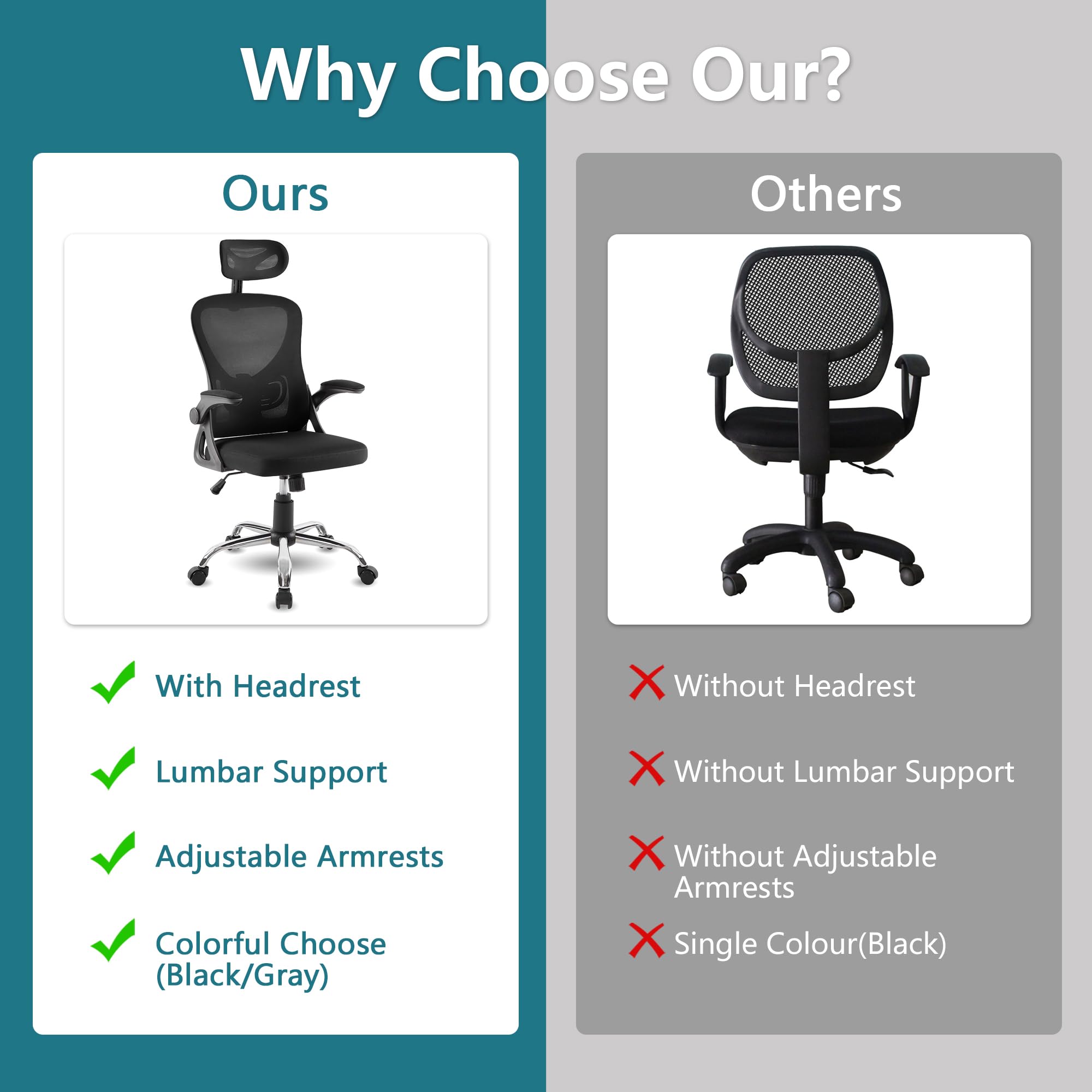 VECELO High Back Ergonomic Office Chair with Adjustable Headrest Armrest, Mesh Lumbar Support, Swivel Wheels for Home Study Work, Black