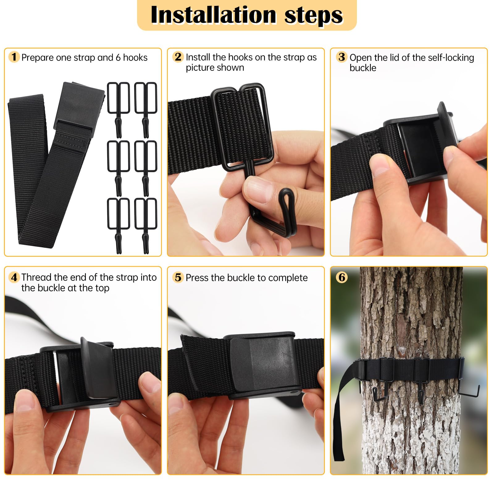 YUNVI 2 Pack Treestands Strap Gear Hangers with 12 Hooks,Hunting Tree Stand Bow & Gear Hanger,Saddle Hunting and Gear Equipment Hanger,Tree Stand Accessories Strap for Bow Arrows Bag