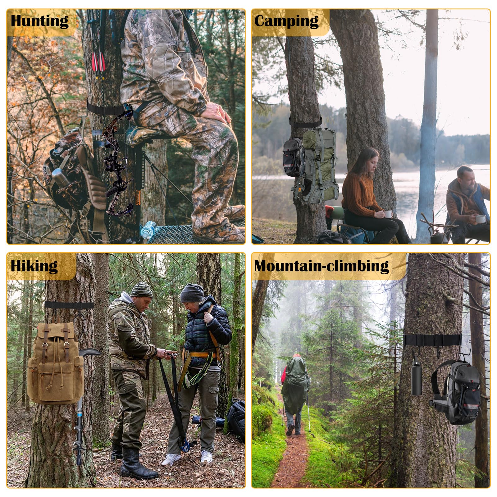 YUNVI 2 Pack Treestands Strap Gear Hangers with 12 Hooks,Hunting Tree Stand Bow & Gear Hanger,Saddle Hunting and Gear Equipment Hanger,Tree Stand Accessories Strap for Bow Arrows Bag