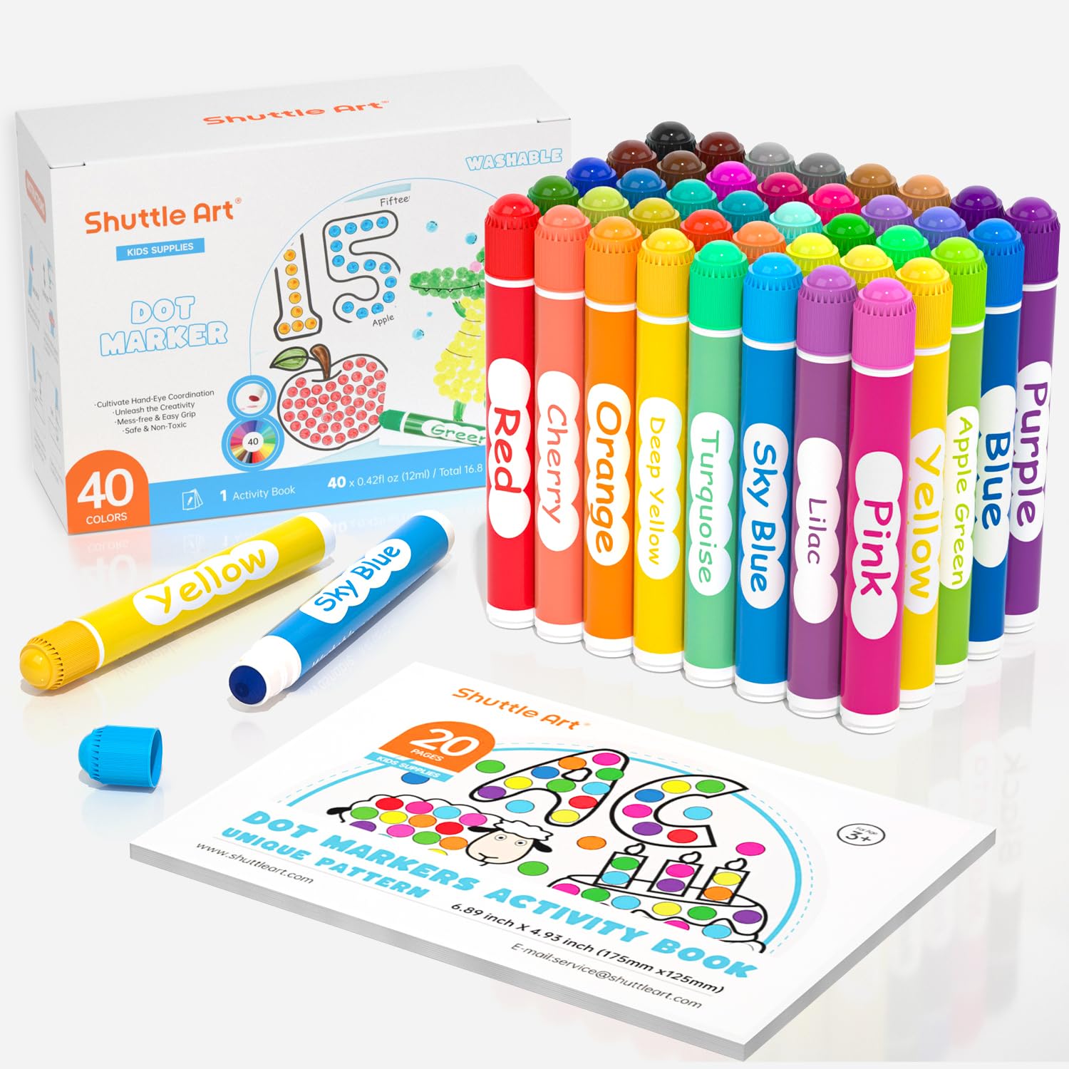 Shuttle Art Dot Markers, 40 Colors Washable for Toddlers with Free Activity Book, Bingo Daubers Supplies for Kids Preschool Children, Non Toxic Water-Based Dot Art Markers