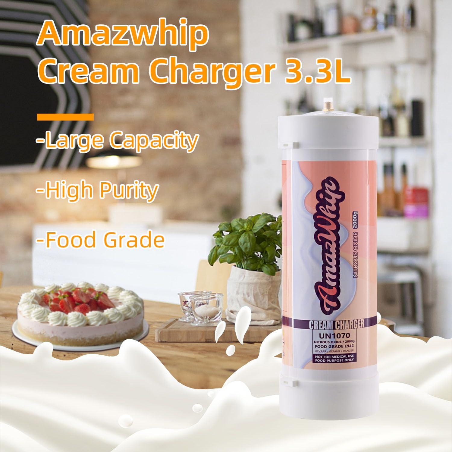 AMAZWHIP 3.3L Whipped Cream Charger - Pure Original Flavor N2O Whip Cream Chargers -Food Grade Nitrous Oxide Tank (2 cylinders)