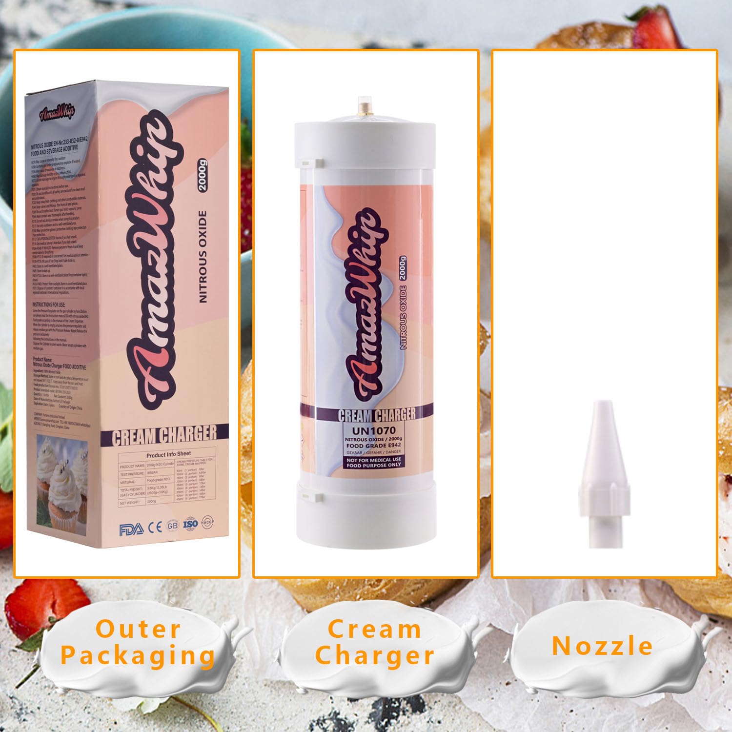 AMAZWHIP 3.3L Whipped Cream Charger - Pure Original Flavor N2O Whip Cream Chargers -Food Grade Nitrous Oxide Tank (2 cylinders)