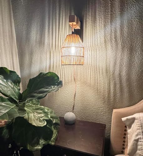 ZECOXOL Rattan Wall Sconce Boho Decor Plug in Set of Two Wicker Lamp with Cord Dimmable Woven Hanging Lamps That Into Outlet Rustic Light for Bedroom Living Room Black 001