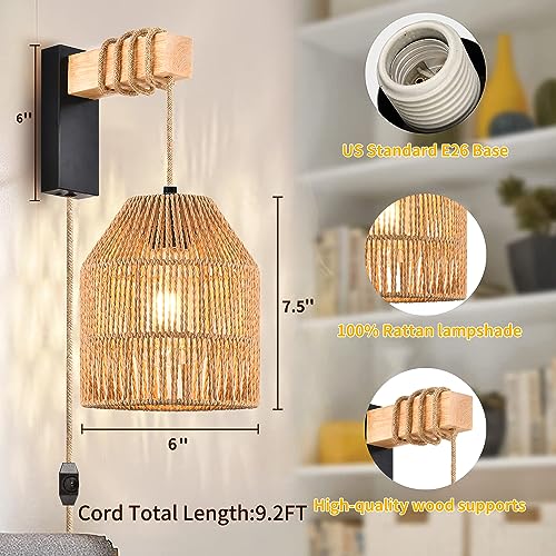 ZECOXOL Rattan Wall Sconce Boho Decor Plug in Set of Two Wicker Lamp with Cord Dimmable Woven Hanging Lamps That Into Outlet Rustic Light for Bedroom Living Room Black 001