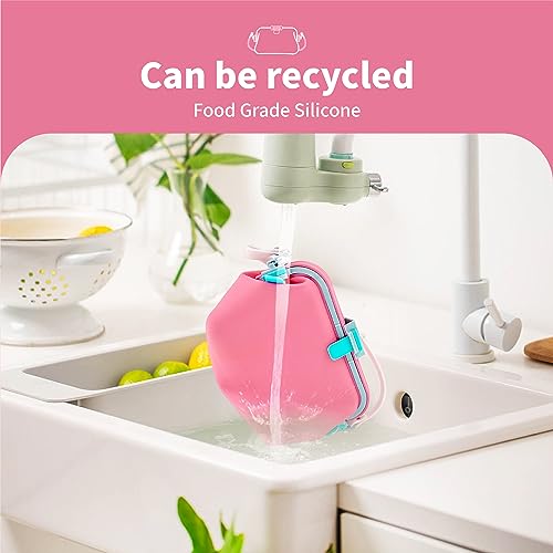 Reusable Silicone Storage Container Bag, Food Grade Silicone BPA Free Microwavable Refrigerated Non Odors, Lunch Box, Carry-on Bag,Makeup Bag (2037C Pink Red)
