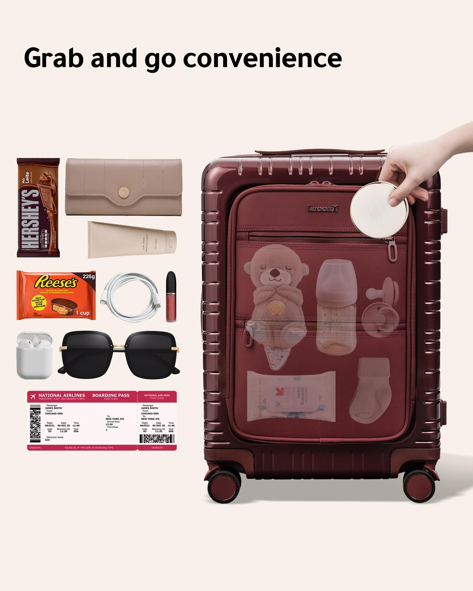 LUGGEX Carry On Luggage with Front Pocket, PC Hard Shell Suitcase with Spinner Wheels, Soft Front Flap with Multiple Pockets (Red, 21 Inch, 38L)