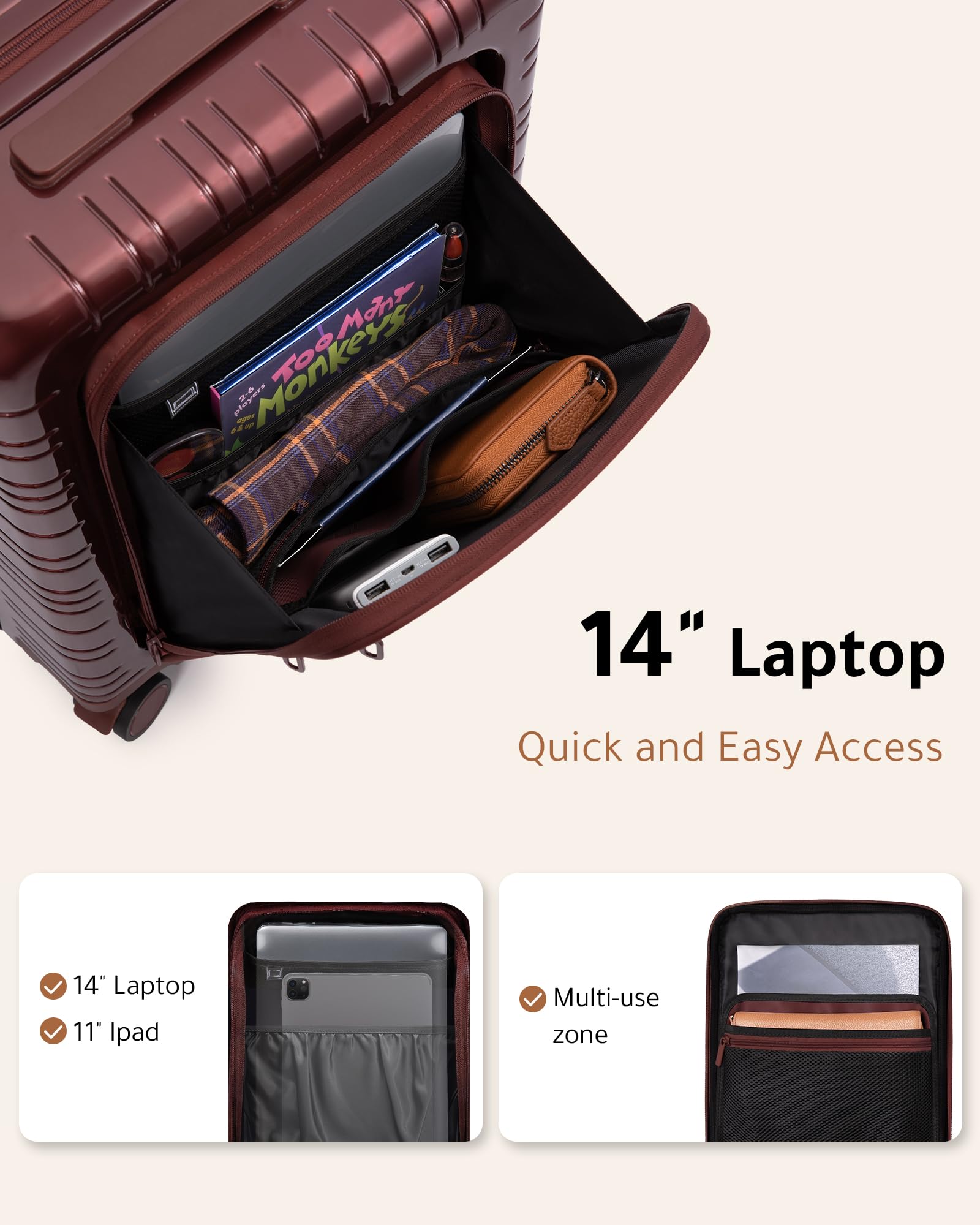 LUGGEX Carry On Luggage with Front Pocket, PC Hard Shell Suitcase with Spinner Wheels, Soft Front Flap with Multiple Pockets (Red, 21 Inch, 38L)