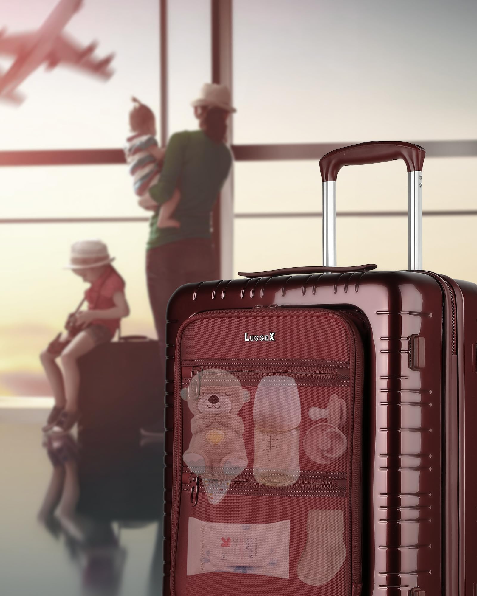 LUGGEX Carry On Luggage with Front Pocket, PC Hard Shell Suitcase with Spinner Wheels, Soft Front Flap with Multiple Pockets (Red, 21 Inch, 38L)