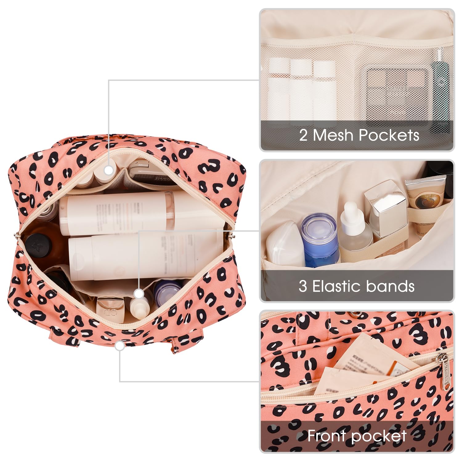 Narwey Full Size Cheetah Toiletry Bag Women Large Makeup Bag Organizer Travel Cosmetic Bag for Toiletries Essentials Accessories (Leopard)