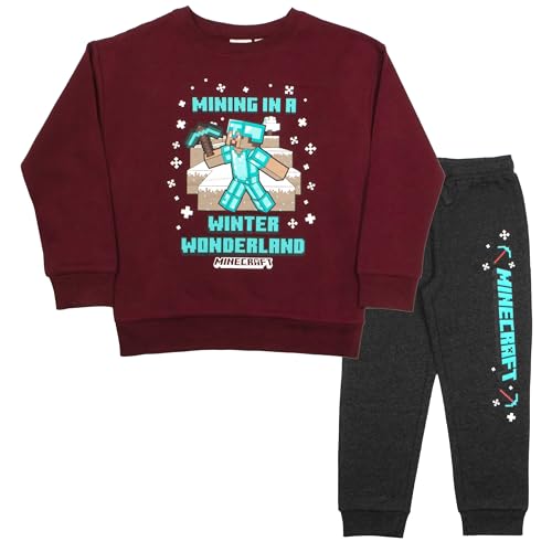 Minecraft Boys 2-Piece Set - Holiday Sweatshirt & Jogger Pants 2-Pack Bundle Set for Kids and Toddlers (Size 6/7, Maroon/Grey)