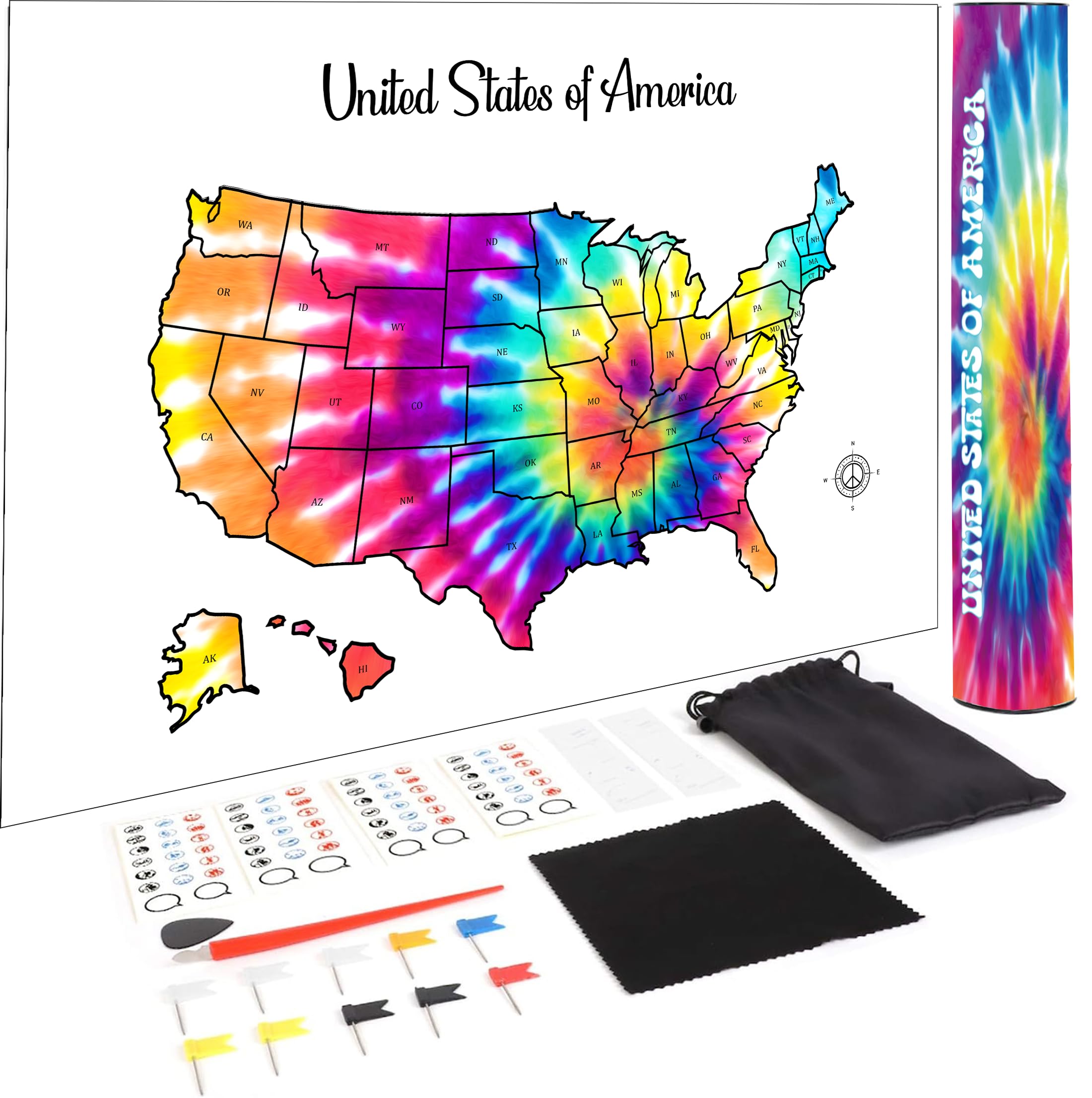 Scratch Off United States Travel Map - Vibrant Tie Dye 50 Destinations Journey Tracker - Large 16x23 Inches Exploration Poster - USA Adventure Wall Art - Ideal Gift for Travelers and Vacationers
