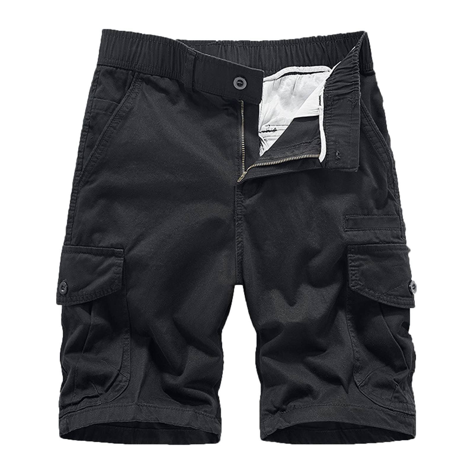 Summer Shorts for Men 5 Inch Cotton Linen Shorts for Men Casual Elastic Waist Multi Pockets Cargo Shorts Big and Tall Athletic Tooling Shorts Boys Khaki Shorts Size 14-16 Black 2X