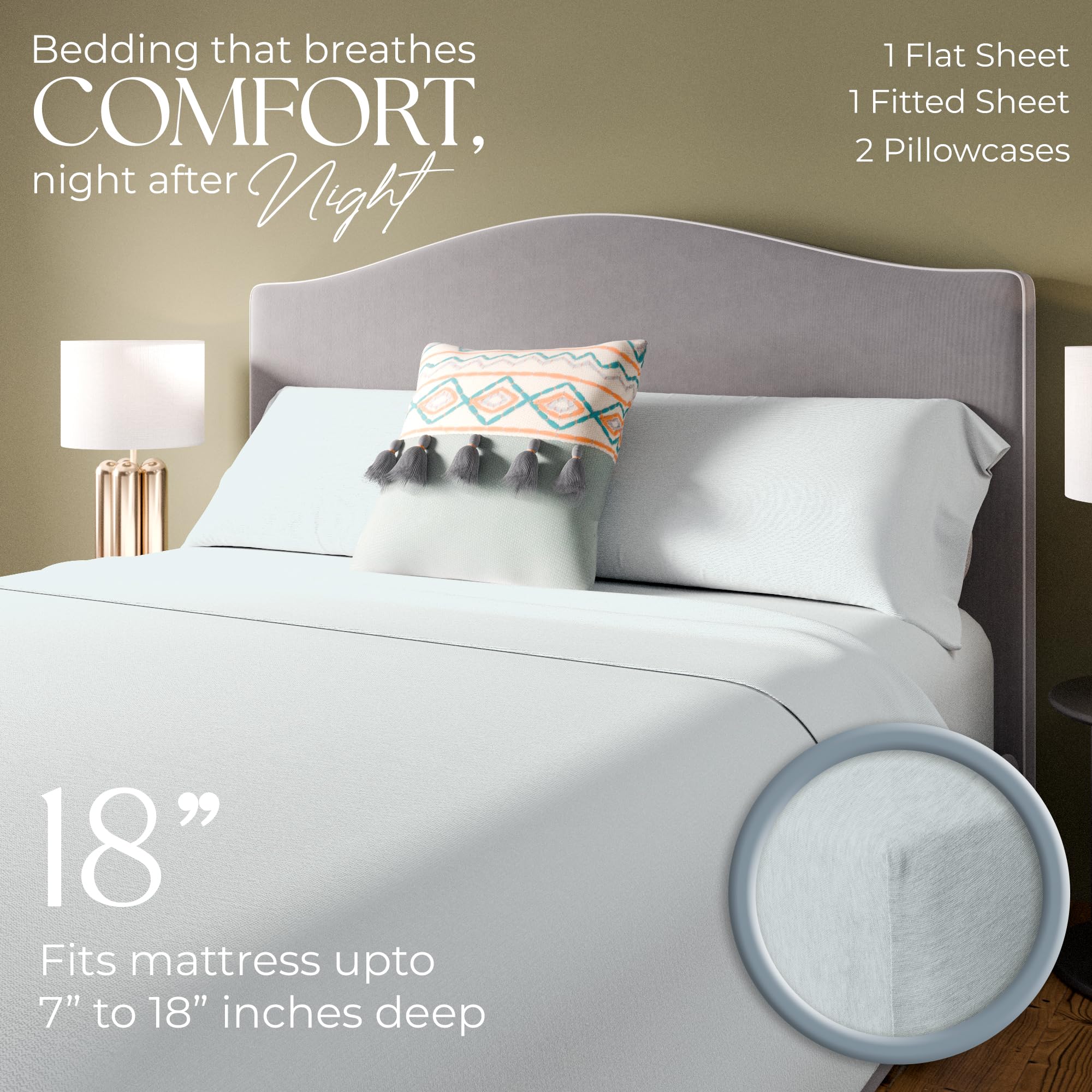 SUPREME ELEGANCE Super Soft Full Sheet Set, Jersey Knit 4Pc Light Gray Sheets, All Season Wrinkle Resistant & Easy Care Sheet Set with Deep Pocket (1 Flat Sheet, 1 Fitted Sheet & 2 Pillowcases)
