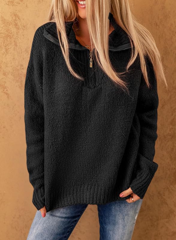 Dokotoo Oversized Quarter Zip Pullover Sweaters for Women Cute Waffle Knit Oversized Fall Winter Outfits Jumpers TopFashion V Neck Long Sleeve Warm Cozy Polo Ladies Black Sweater X-Large