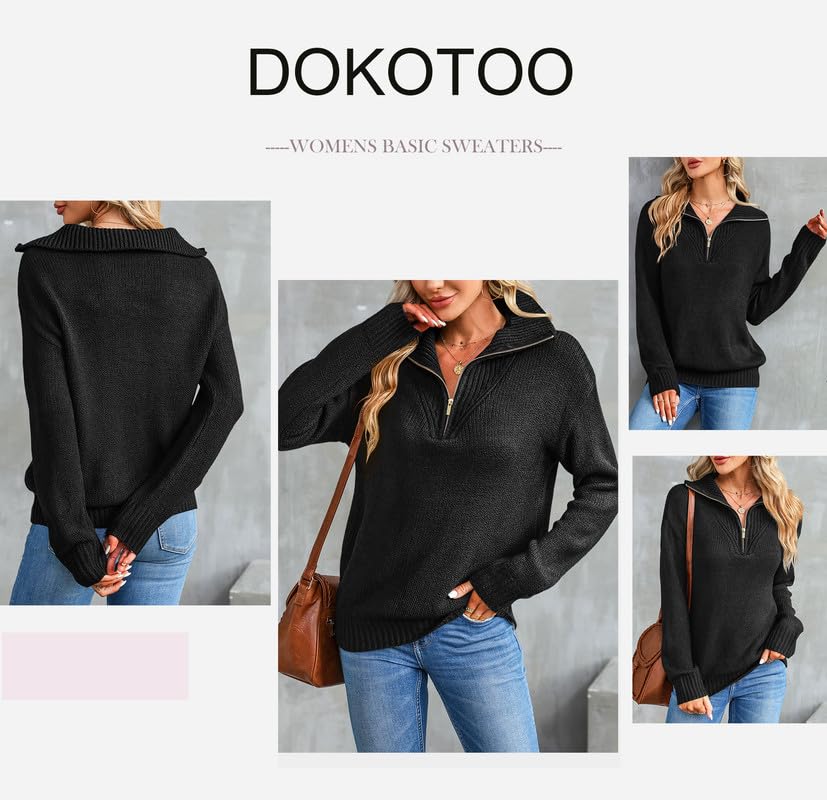 Dokotoo Oversized Quarter Zip Pullover Sweaters for Women Cute Waffle Knit Oversized Fall Winter Outfits Jumpers TopFashion V Neck Long Sleeve Warm Cozy Polo Ladies Black Sweater X-Large