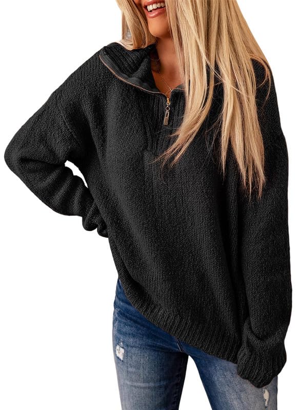 Dokotoo Oversized Quarter Zip Pullover Sweaters for Women Cute Waffle Knit Oversized Fall Winter Outfits Jumpers TopFashion V Neck Long Sleeve Warm Cozy Polo Ladies Black Sweater X-Large