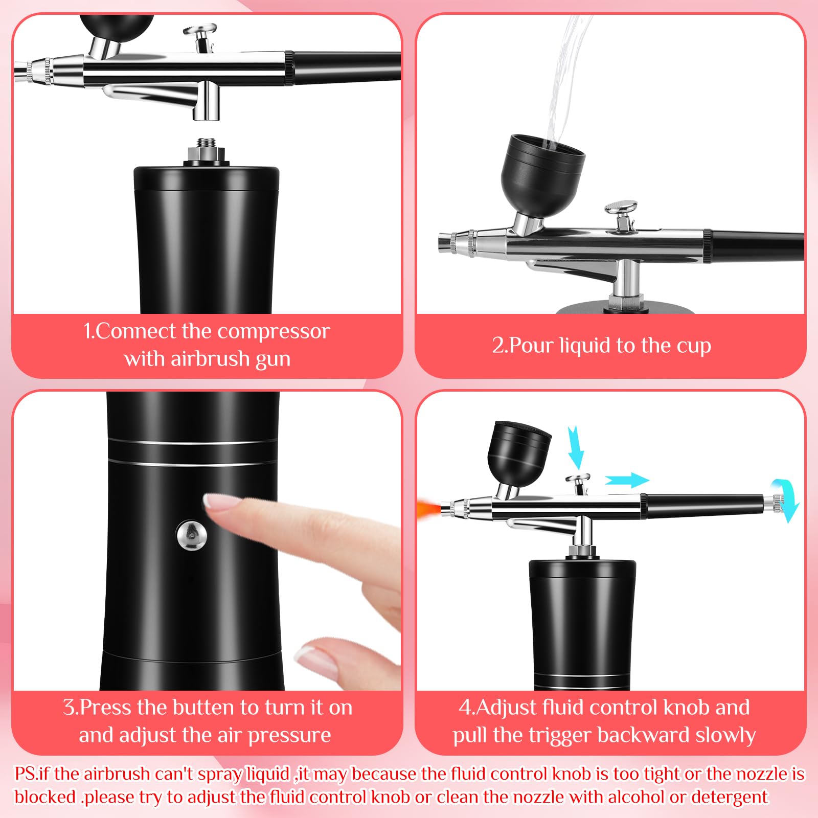 3 Modes Airbrush Kit with Compressor, 900 mAh Airbrush Set with 0.3mm Tip, Rechargeable Handheld Airbrush Compressor Gun Cleaner for Makeup, Painting, Nail, Cake Decor