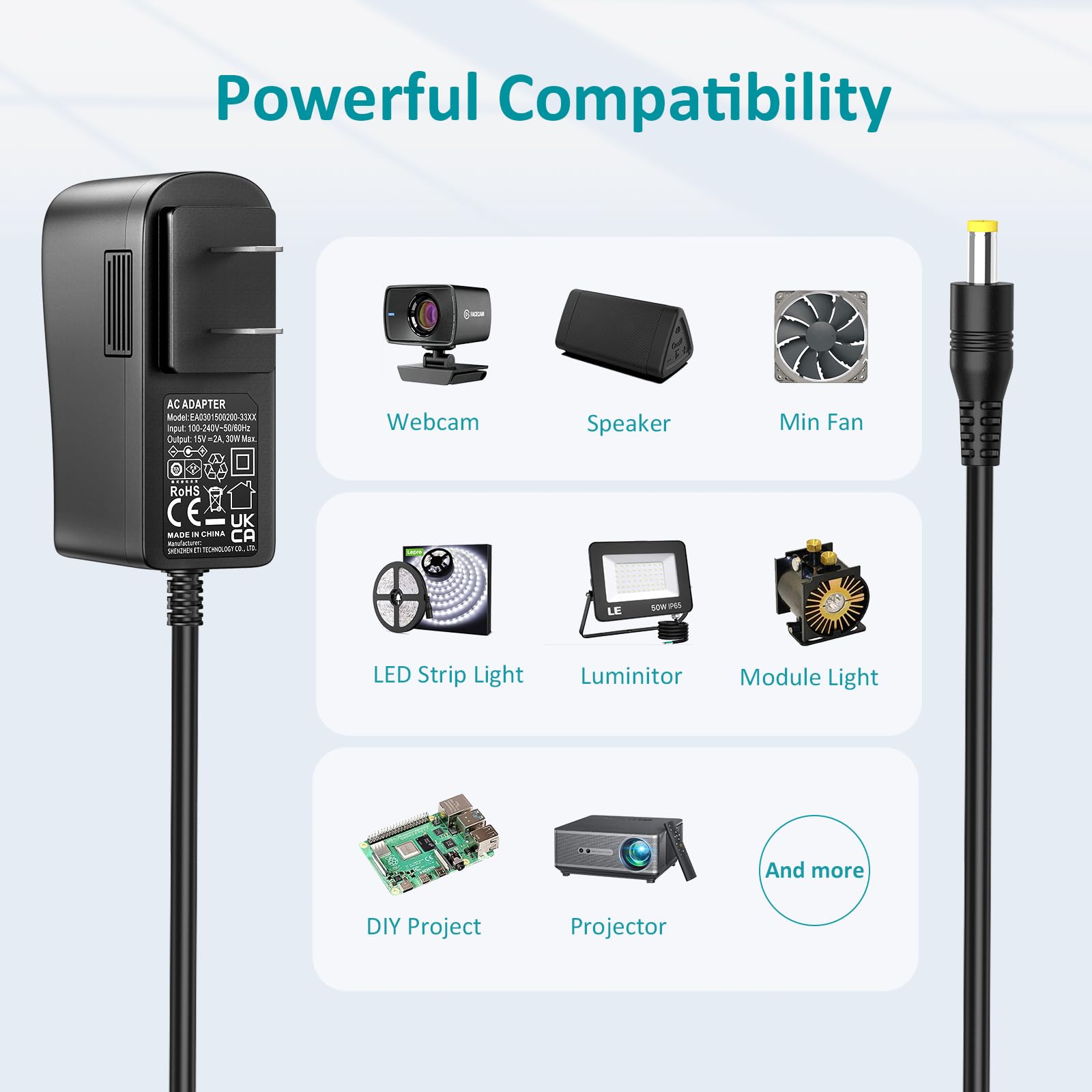 Basicvolt 15V 2A 1A Switching Power Supply Charger 15Volt 2Amp 1.5A Universal AC/DC Adapter Replacement Regulated Power Cord for Litter Robot LED Light and More 15Vdc Household Electronics