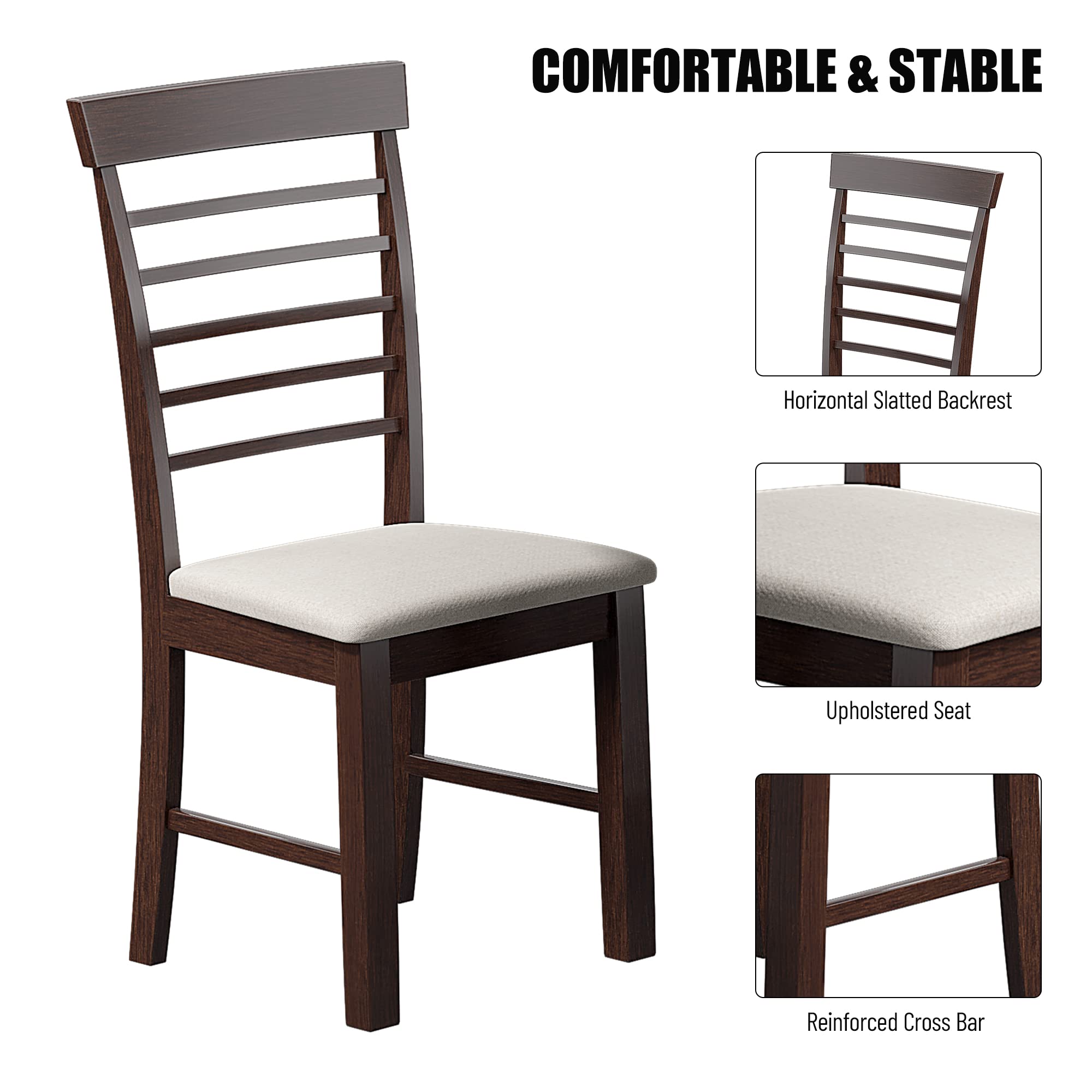 Origeture 2 PCS Dining Chairs Rubberwood with Cushion High Backrest, Upholstered Kitchen Chairs Set of 2, Dinner Chair Bar Chair for Small Space Kitchen Dark Brown and White