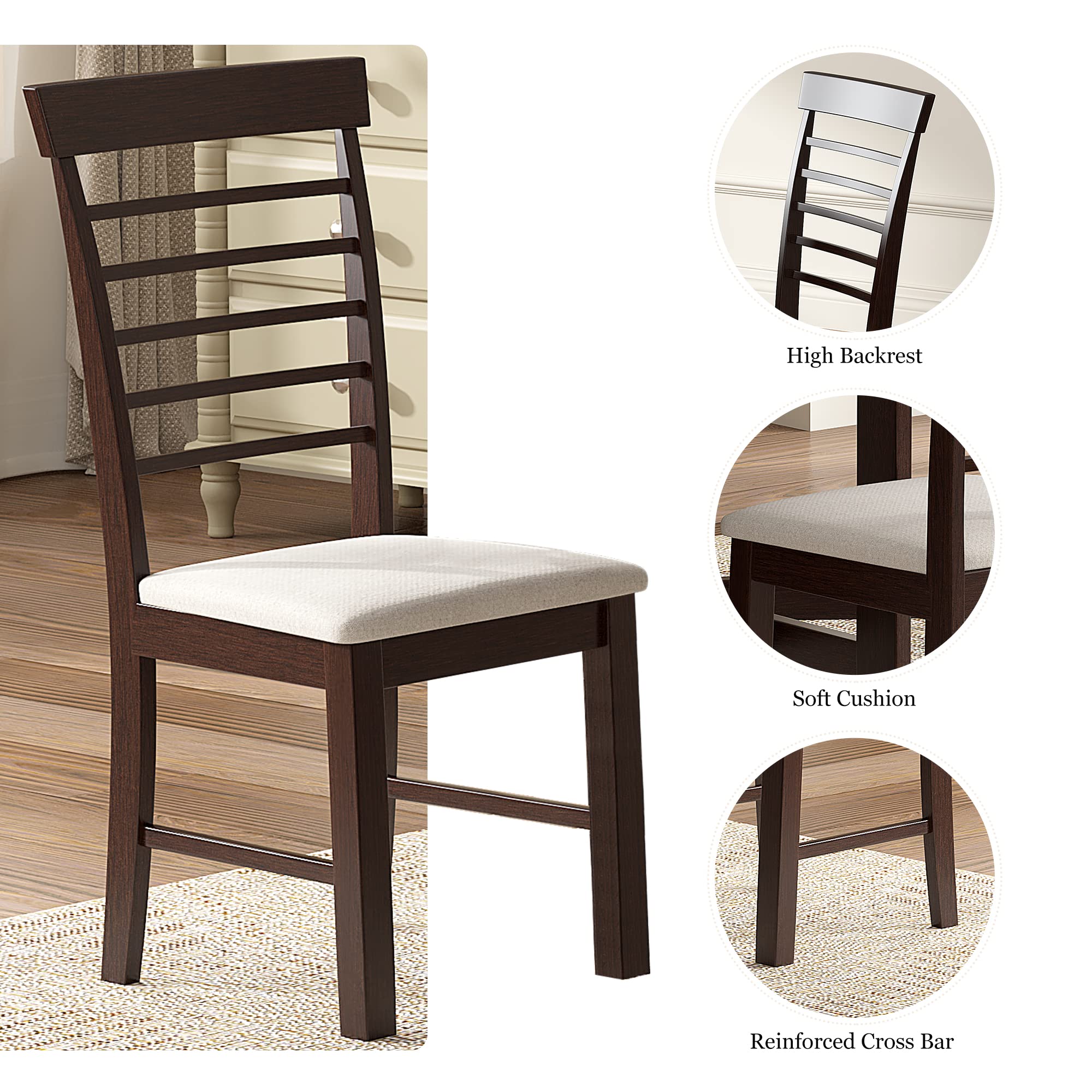 Origeture 2 PCS Dining Chairs Rubberwood with Cushion High Backrest, Upholstered Kitchen Chairs Set of 2, Dinner Chair Bar Chair for Small Space Kitchen Dark Brown and White