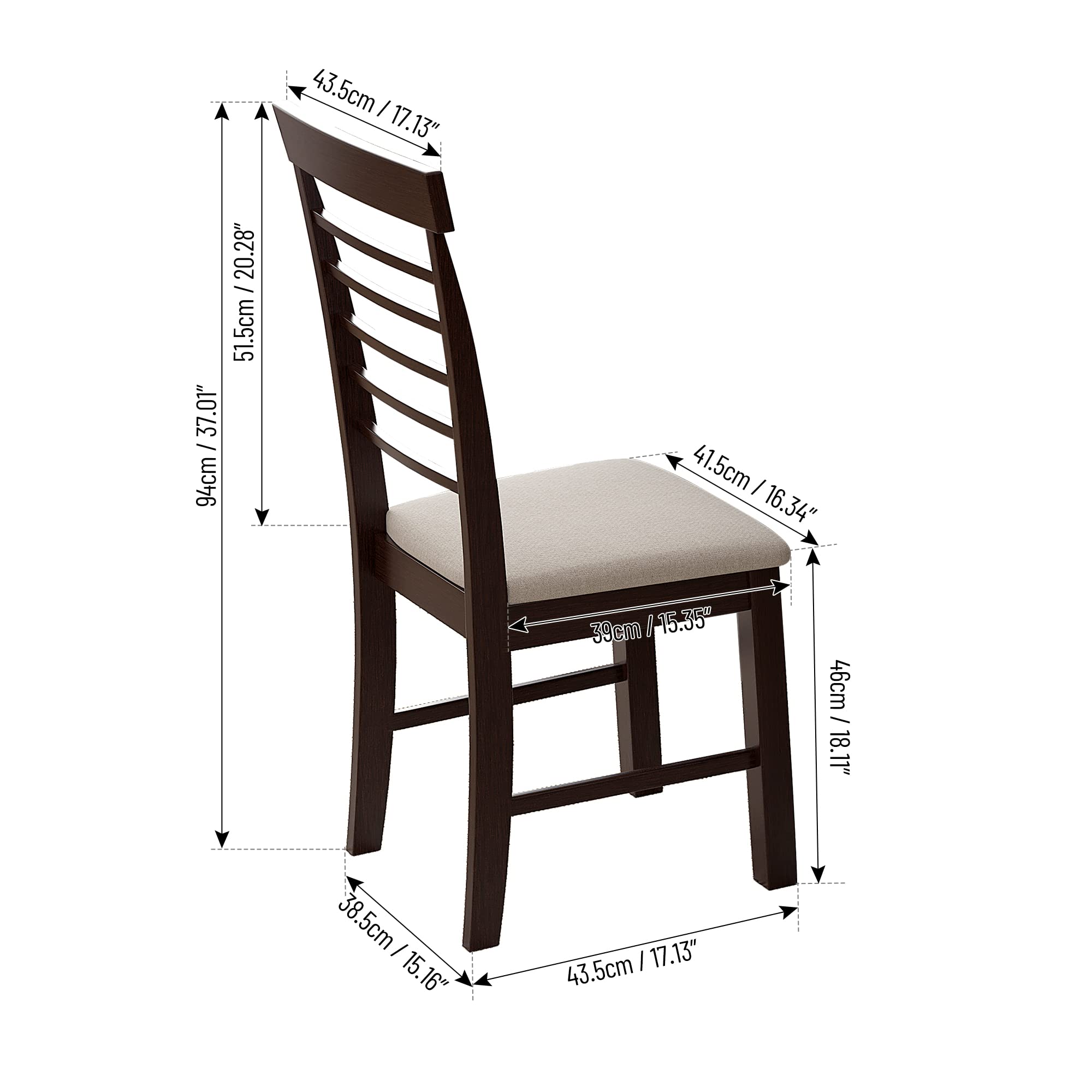 Origeture 2 PCS Dining Chairs Rubberwood with Cushion High Backrest, Upholstered Kitchen Chairs Set of 2, Dinner Chair Bar Chair for Small Space Kitchen Dark Brown and White
