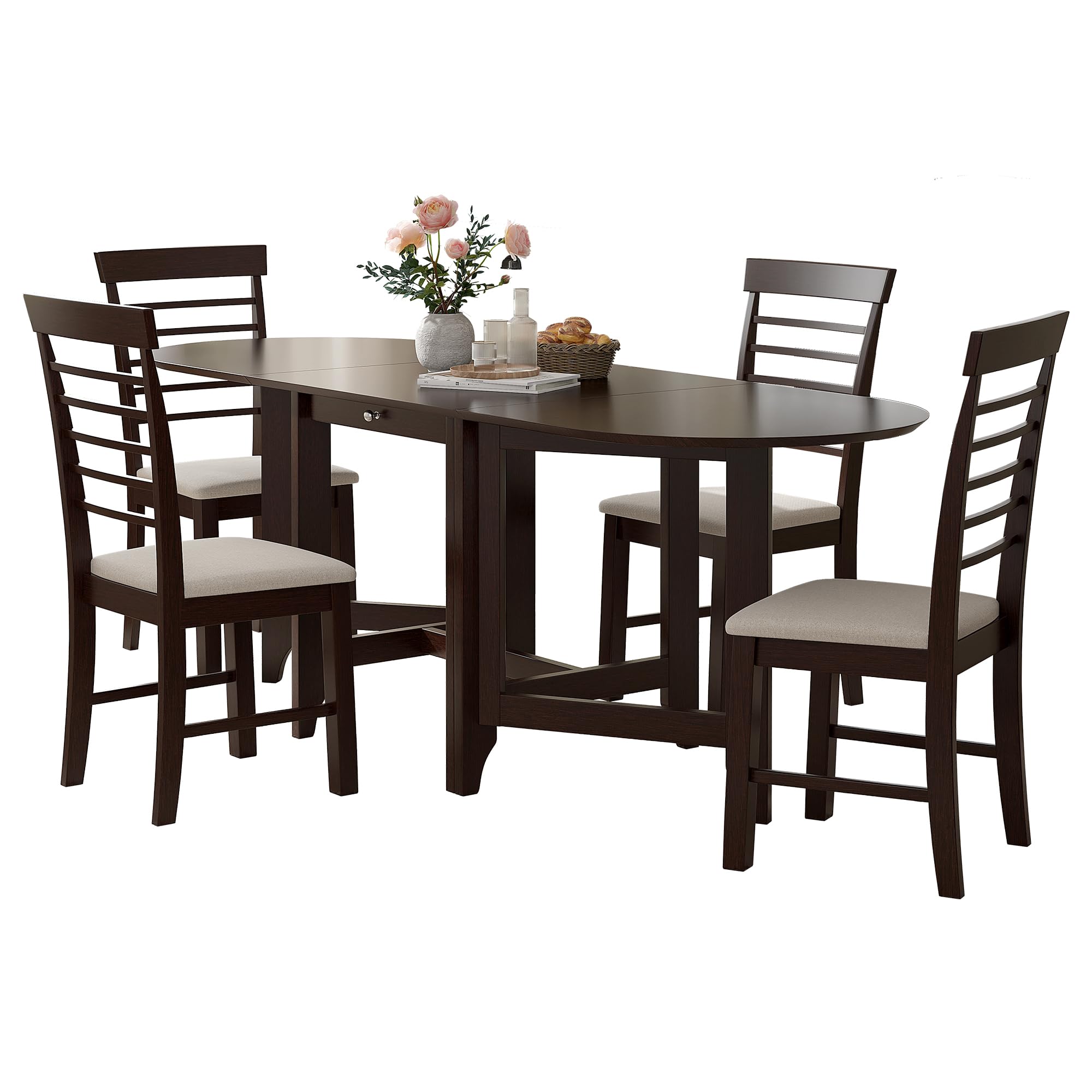 Origeture 2 PCS Dining Chairs Rubberwood with Cushion High Backrest, Upholstered Kitchen Chairs Set of 2, Dinner Chair Bar Chair for Small Space Kitchen Dark Brown and White
