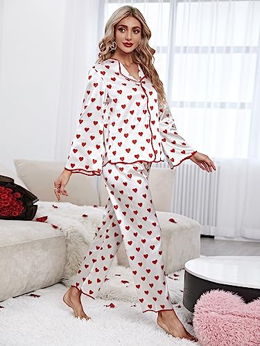 Verdusa Women's Satin Pajama Sets Sleepwear Heart Print Button Up Shirt and Pants White M
