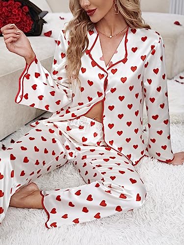 Verdusa Women's Satin Pajama Sets Sleepwear Heart Print Button Up Shirt and Pants White M