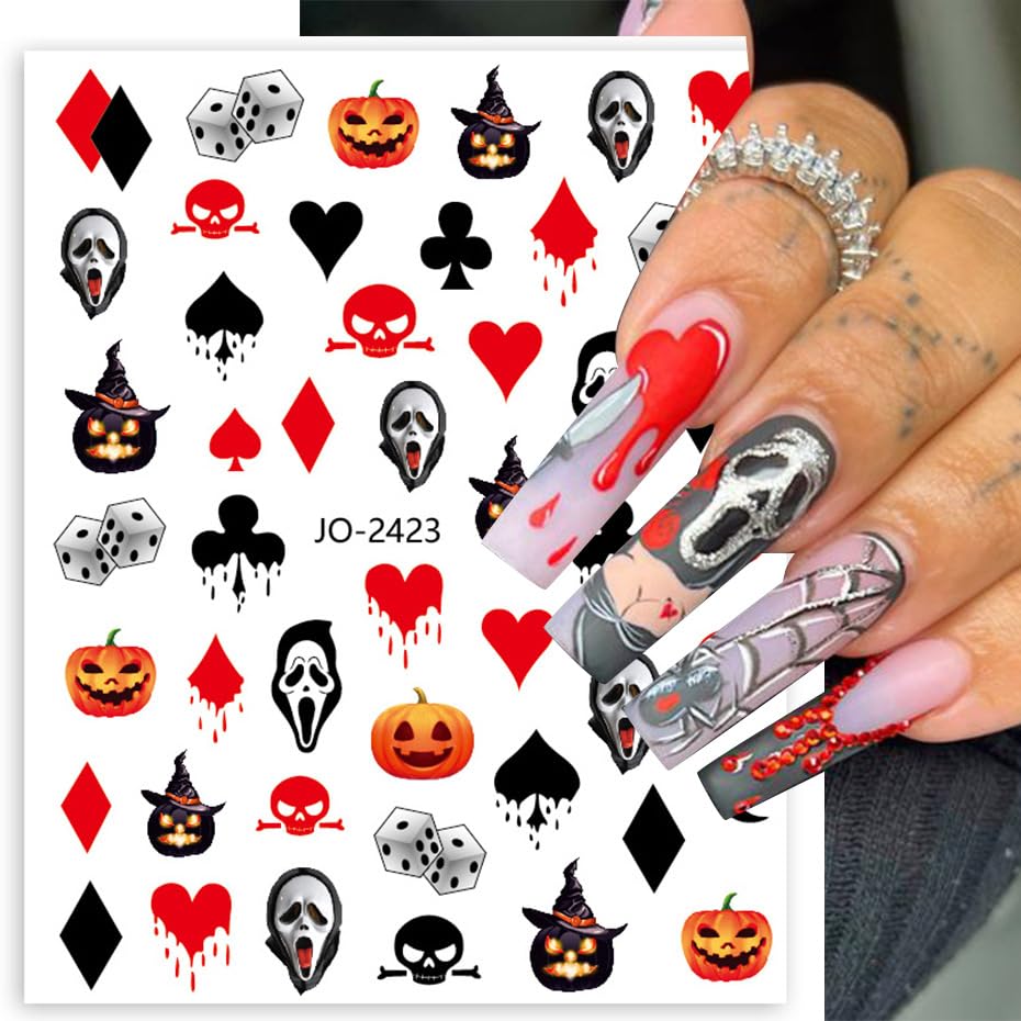 JMEOWIO 12 Sheets Halloween Nail Art Stickers Decals Self-Adhesive Pegatinas Uñas Cute Ghost Pumpkin Pink Nail Supplies Nail Art Design Decoration Accessories