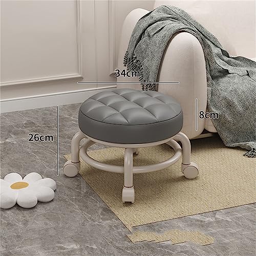 HYMIC Low Roller Stools with Universal Wheel PU Leather Rolling Stool Seats with Mute Wheels for Home Office Fitness Round Roller Seat Stool (Grey)