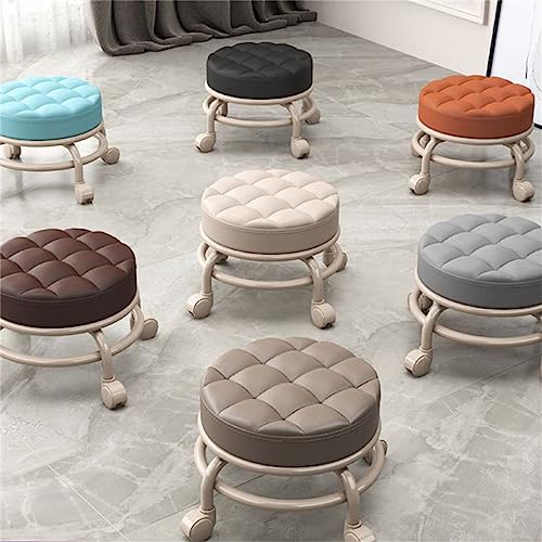 HYMIC Low Roller Stools with Universal Wheel PU Leather Rolling Stool Seats with Mute Wheels for Home Office Fitness Round Roller Seat Stool (Grey)