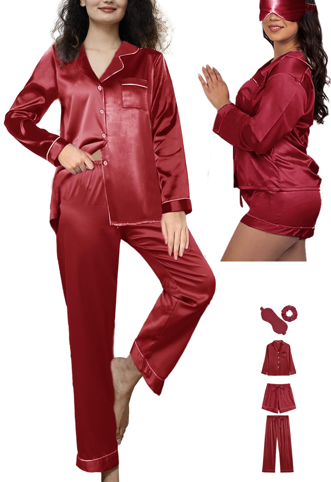 WJing Yi Jia 5Pcs XS-XXL Womens Silk Satin Pajamas Sets Long Pj Sets Button Down Pjs Set Loungewear Sleepwear Dusty Blue