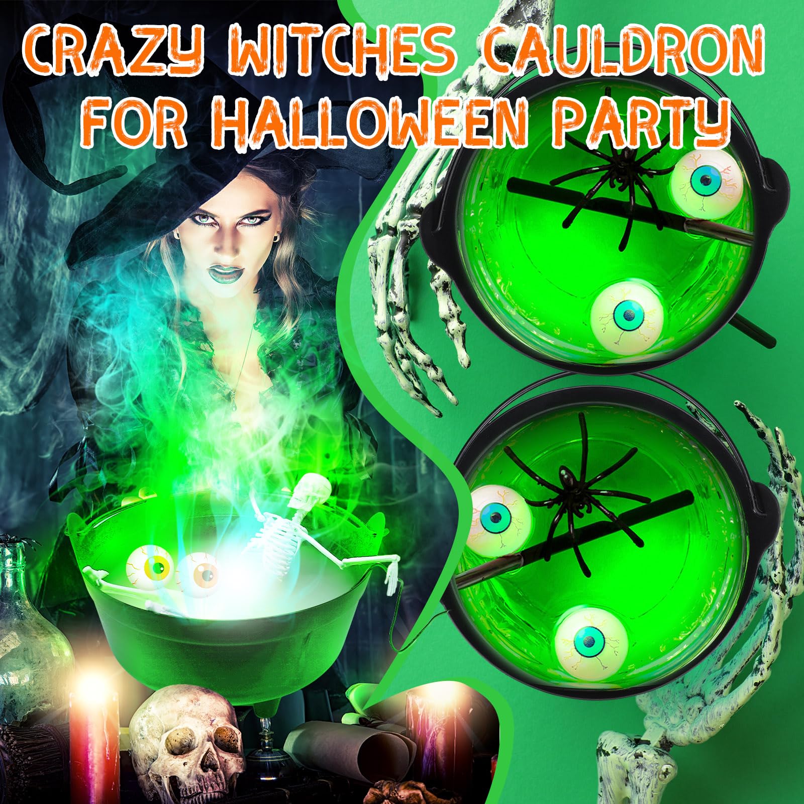 Mifoci 4pcs 14'' Plastic Halloween Cauldron Bowl with 12 LED Lights Mist Maker, Black, 16.0 oz, for Decoration and Favor
