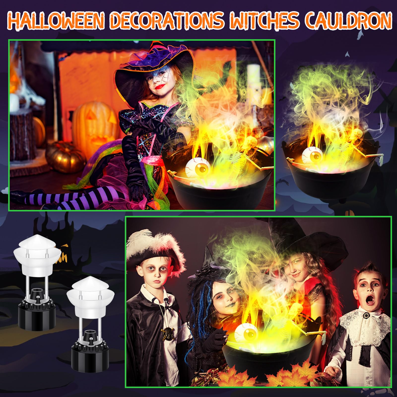 Mifoci 4pcs 14'' Plastic Halloween Cauldron Bowl with 12 LED Lights Mist Maker, Black, 16.0 oz, for Decoration and Favor