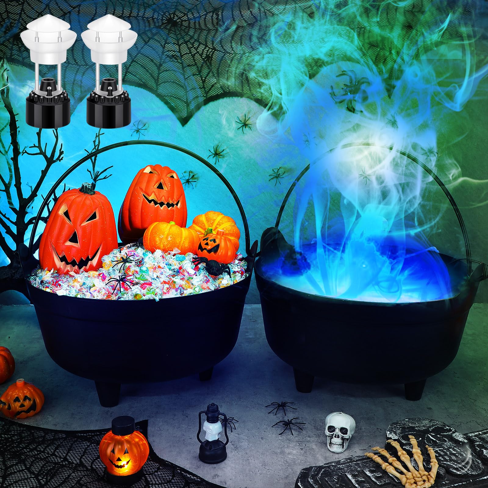 Mifoci 4pcs 14'' Plastic Halloween Cauldron Bowl with 12 LED Lights Mist Maker, Black, 16.0 oz, for Decoration and Favor