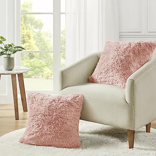 Hyde Lane Luxury Blush Faux Fur Throw Pillow Covers | Soft Fluffy Fuzzy Cushion Cover | Pink Pillows Case for Couch Sofa Bed Aesthetic Room Decor, 18”x18”, 2 Pack