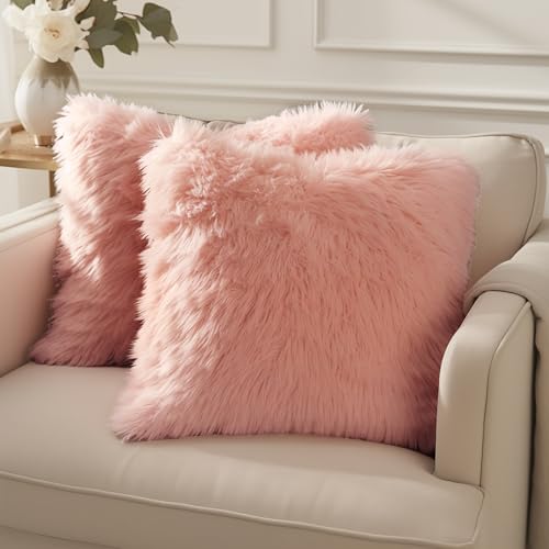 Hyde Lane Luxury Blush Faux Fur Throw Pillow Covers | Soft Fluffy Fuzzy Cushion Cover | Pink Pillows Case for Couch Sofa Bed Aesthetic Room Decor, 18”x18”, 2 Pack