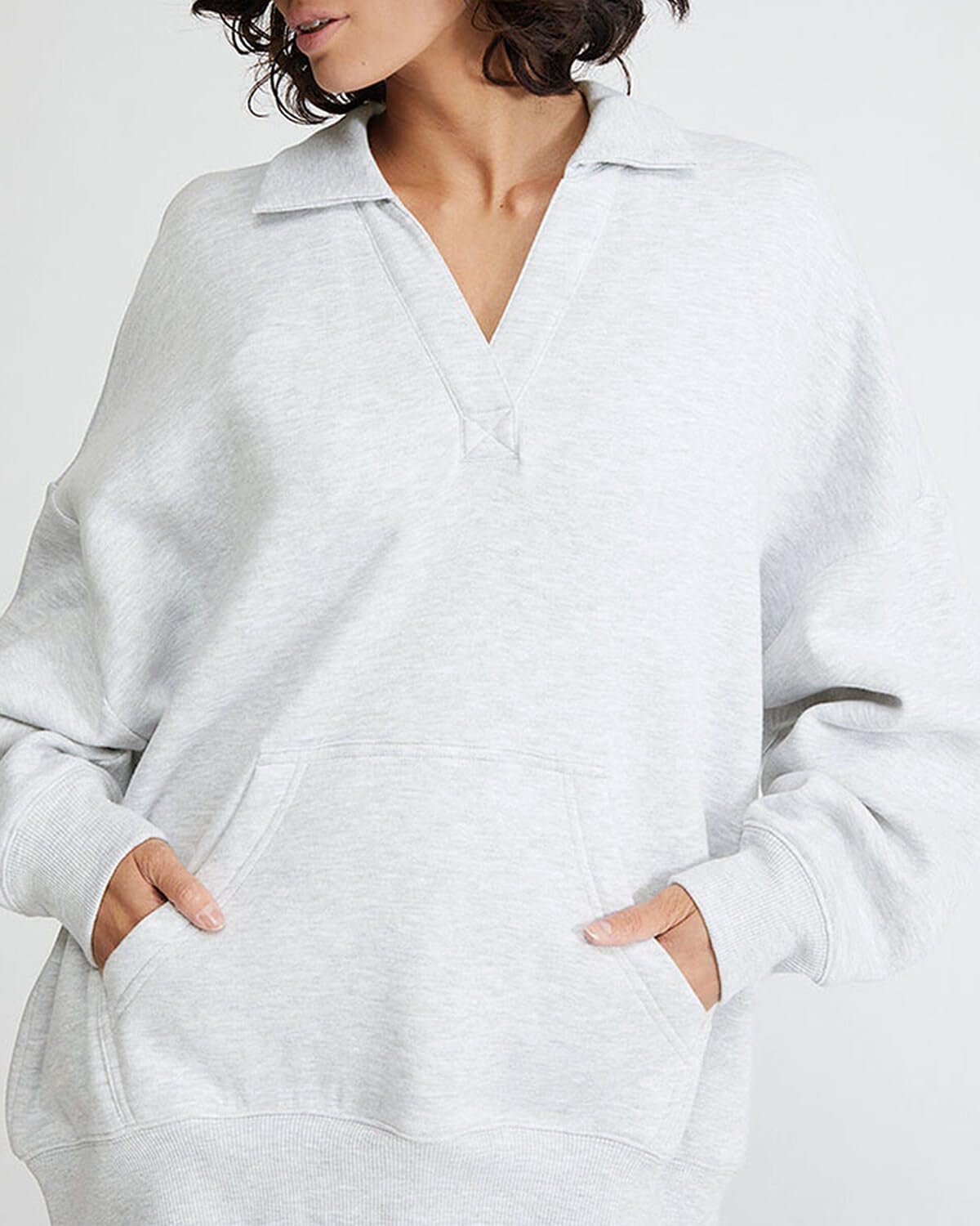 Tangduner Womens V Neck Casual Pullover Sweatshirts Fleece Oversized Long Sleeve Slouchy Polo Sweatshirt with Pocket Grey
