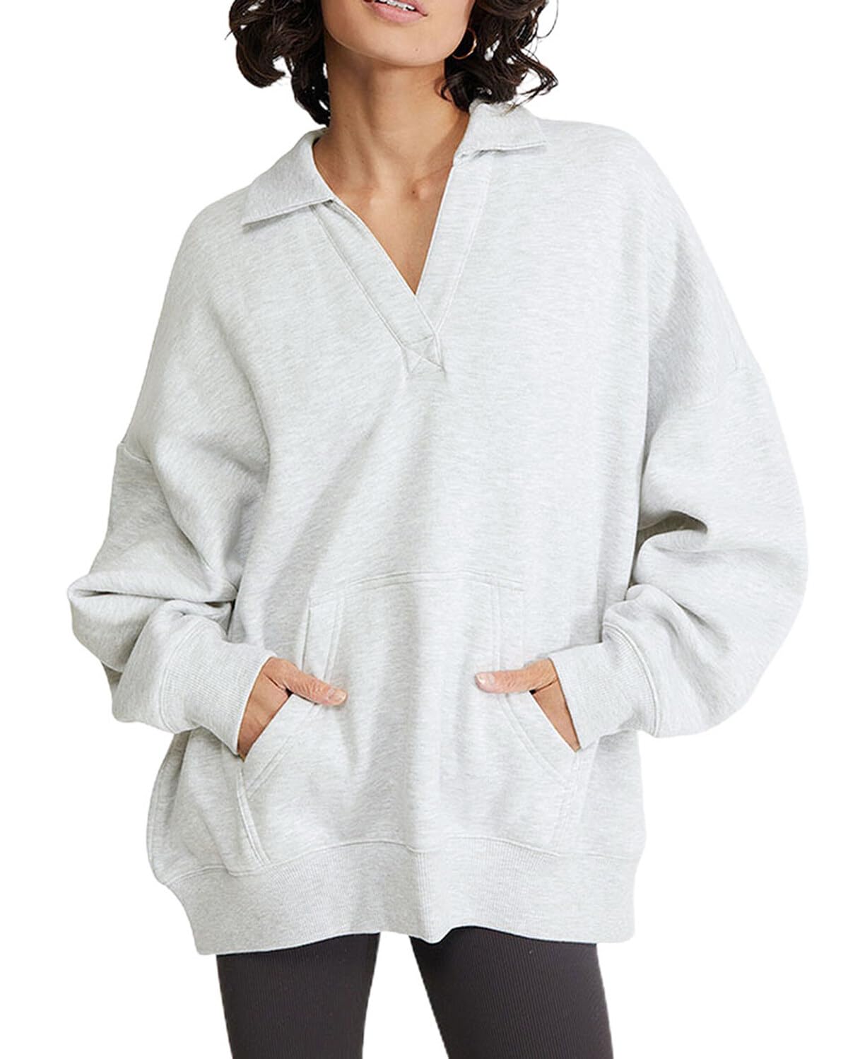 Tangduner Womens V Neck Casual Pullover Sweatshirts Fleece Oversized Long Sleeve Slouchy Polo Sweatshirt with Pocket Grey